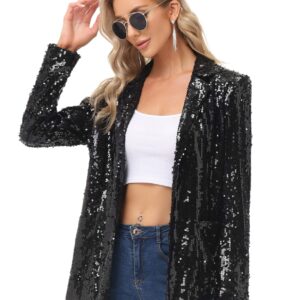 Women Long Sleeve Sequin Blazer Casual Open Front Sparkly Jackets for Party with Pockets Black S