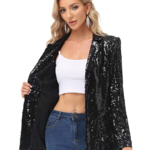 Women Long Sleeve Sequin Blazer Casual Open Front Sparkly Jackets for Party with Pockets Black S