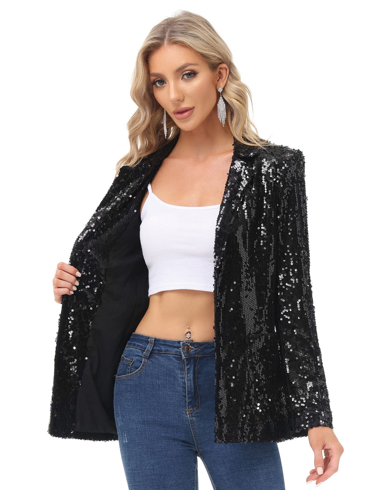 Women Long Sleeve Sequin Blazer Casual Open Front Sparkly Jackets for Party with Pockets Black S