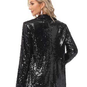 Women Long Sleeve Sequin Blazer Casual Open Front Sparkly Jackets for Party with Pockets Black S