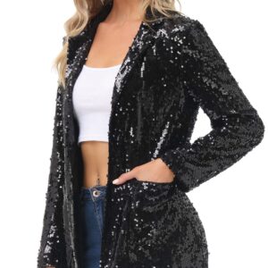 Women Long Sleeve Sequin Blazer Casual Open Front Sparkly Jackets for Party with Pockets Black S