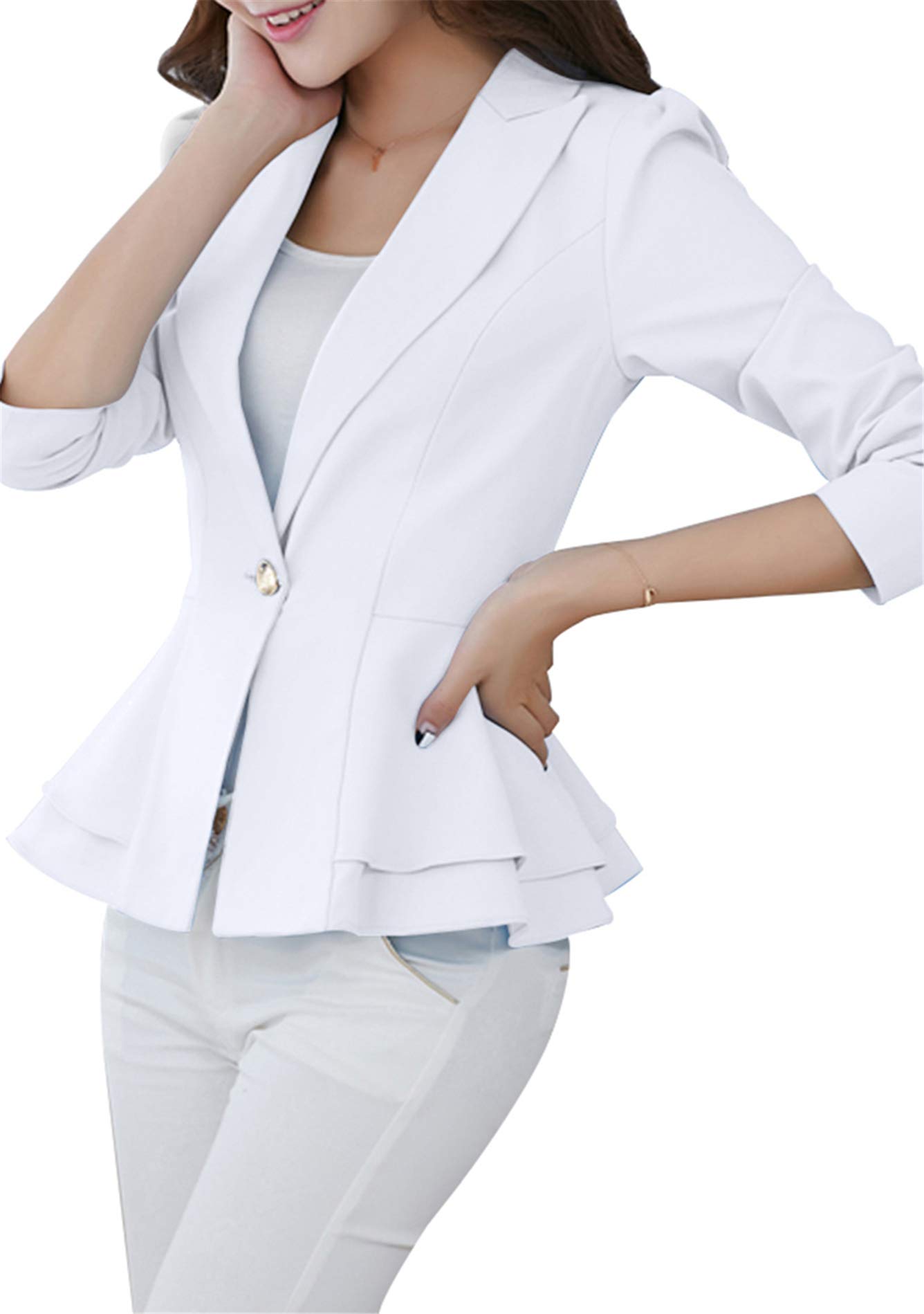 FLITAY Womens Business Solid Lapel Notched Fashion Blazer Casual Ruched Blazer Coat White M