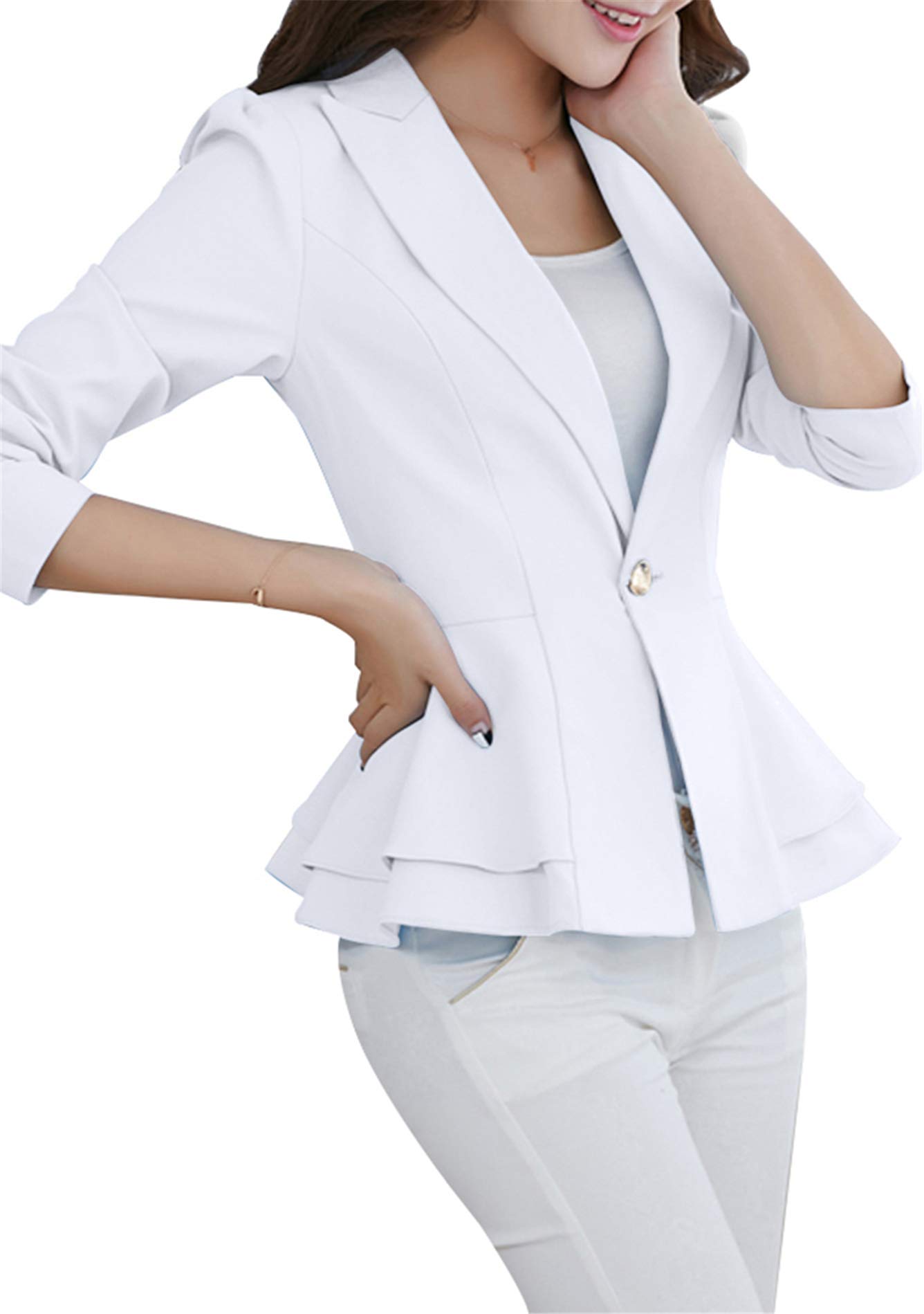 FLITAY Womens Business Solid Lapel Notched Fashion Blazer Casual Ruched Blazer Coat White M