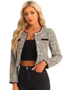 allegra k tweed jacket for women's long sleeve casual work office plaid short outwear large apricot