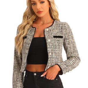 Allegra K Tweed Jacket for Women's Long Sleeve Casual Work Office Plaid Short Outwear Large Apricot