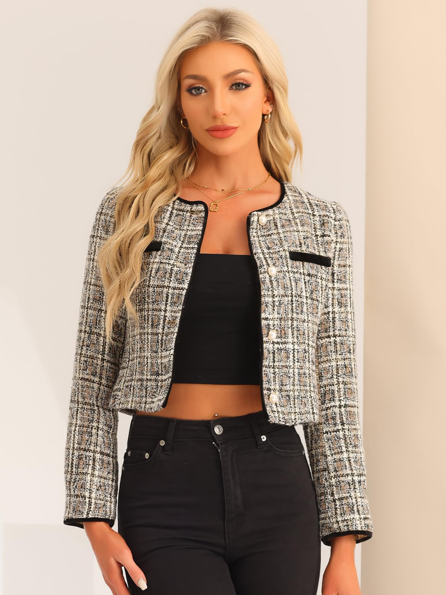 Allegra K Tweed Jacket for Women's Long Sleeve Casual Work Office Plaid Short Outwear Large Apricot