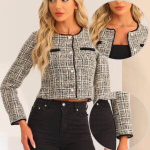 Allegra K Tweed Jacket for Women's Long Sleeve Casual Work Office Plaid Short Outwear Large Apricot