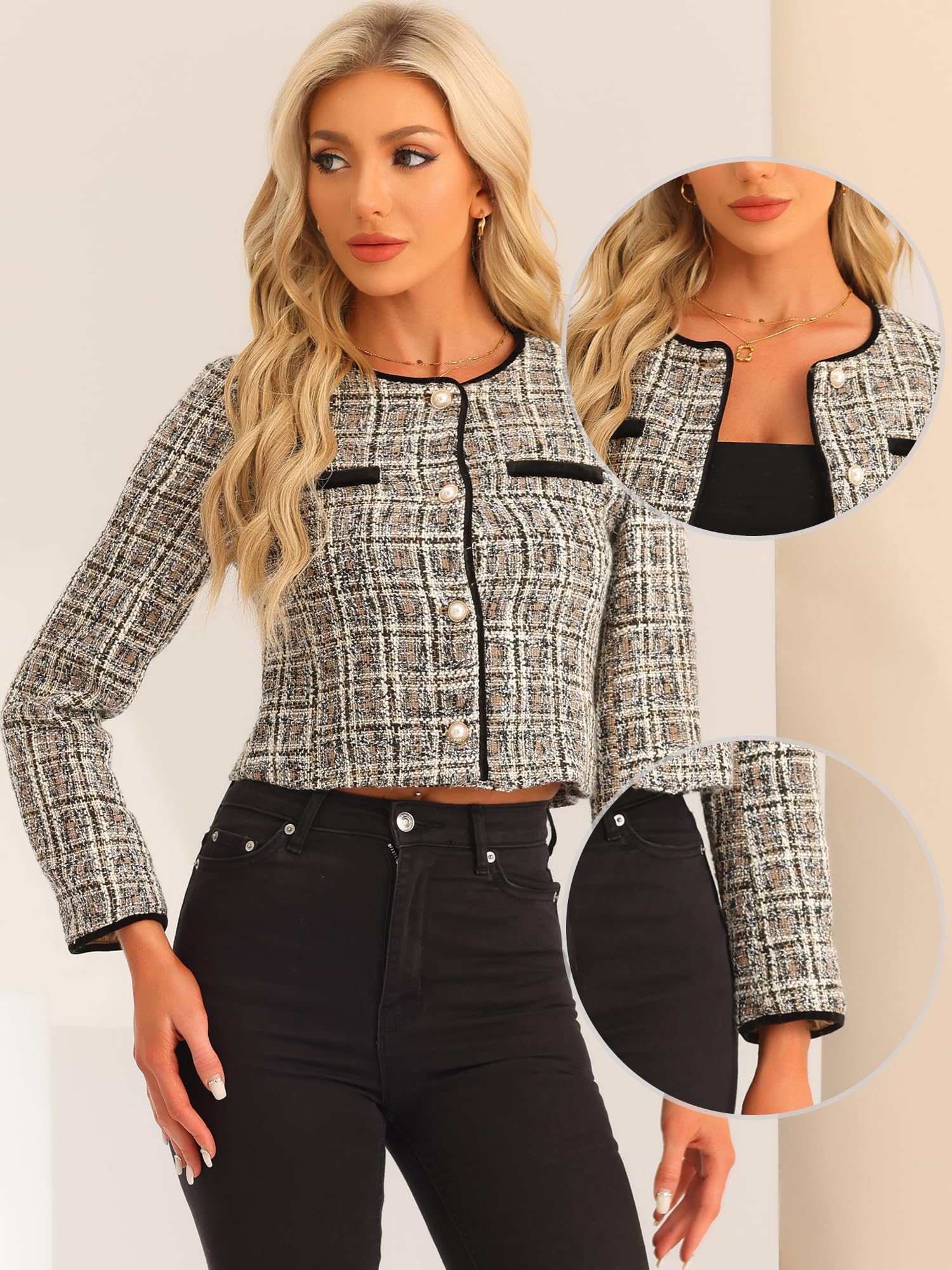 Allegra K Tweed Jacket for Women's Long Sleeve Casual Work Office Plaid Short Outwear Large Apricot