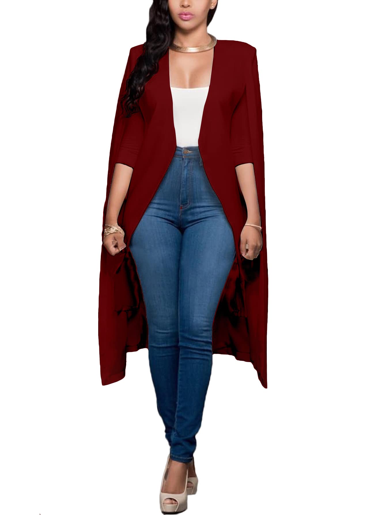 LYANER Women's Cape Long Sleeve Work Wear Blazer Jackets Long Cape Coat Burgundy# XX-Large