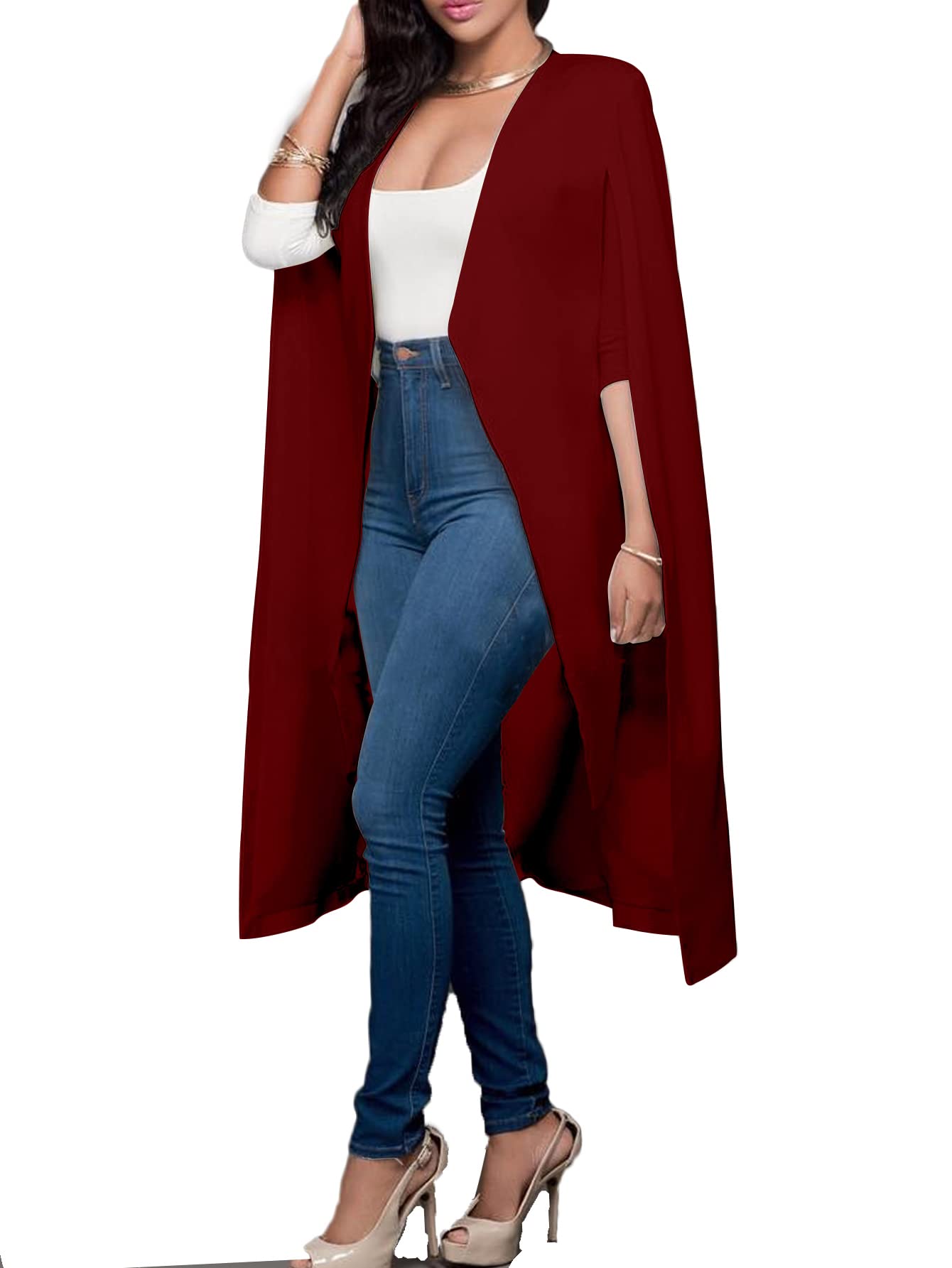 LYANER Women's Cape Long Sleeve Work Wear Blazer Jackets Long Cape Coat Burgundy# XX-Large