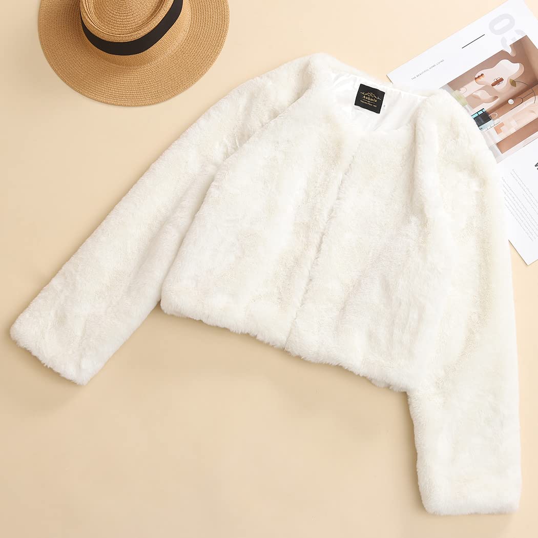 Edary Women Faux Fur Jacket Long Sleeve Coat Open Front Fur Coat Winter Warm Shaggy Faux Fur Parka for Women and Girl(White,L)