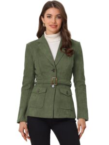 allegra k women's faux suede blazer belted lapel outwear single breasted work jacket medium army green