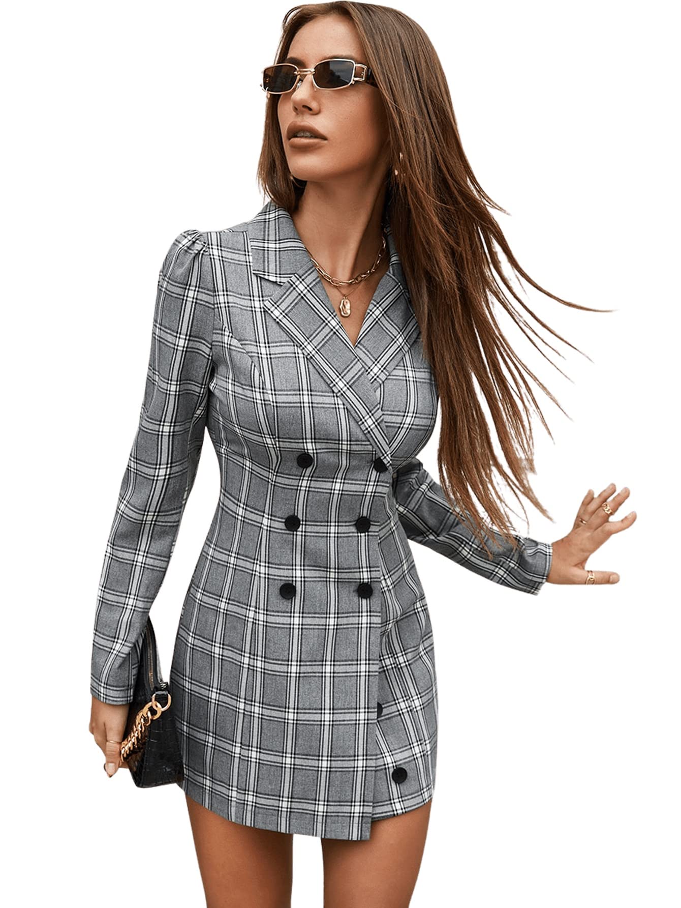 SweatyRocks Women's Casual Puff Sleeve Lapel Button Front Plaid Blazer Dress Grey L