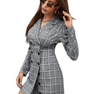 SweatyRocks Women's Casual Puff Sleeve Lapel Button Front Plaid Blazer Dress Grey L