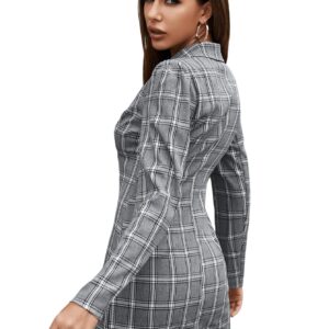 SweatyRocks Women's Casual Puff Sleeve Lapel Button Front Plaid Blazer Dress Grey L