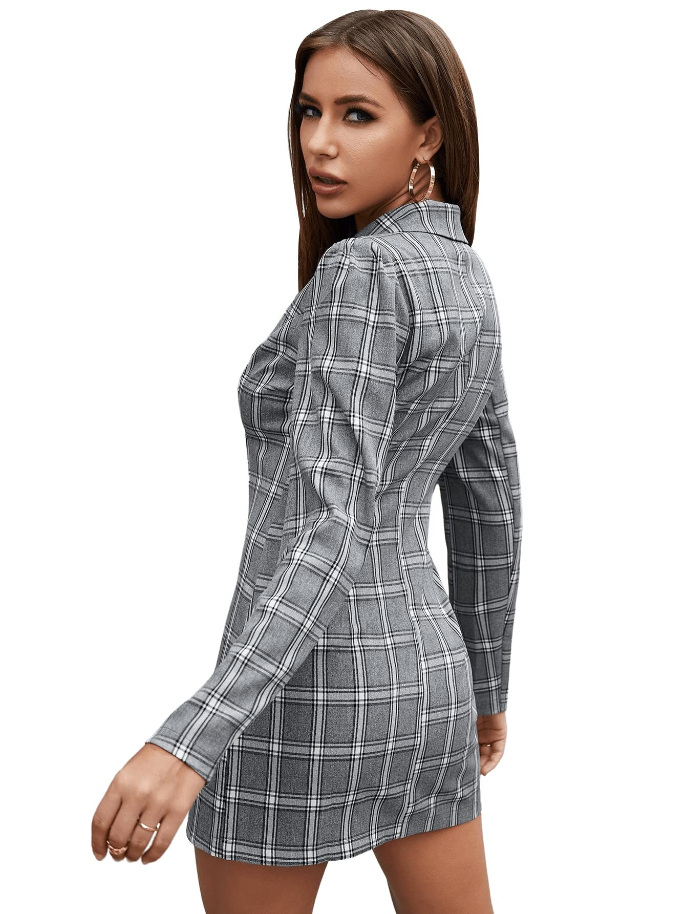 SweatyRocks Women's Casual Puff Sleeve Lapel Button Front Plaid Blazer Dress Grey L