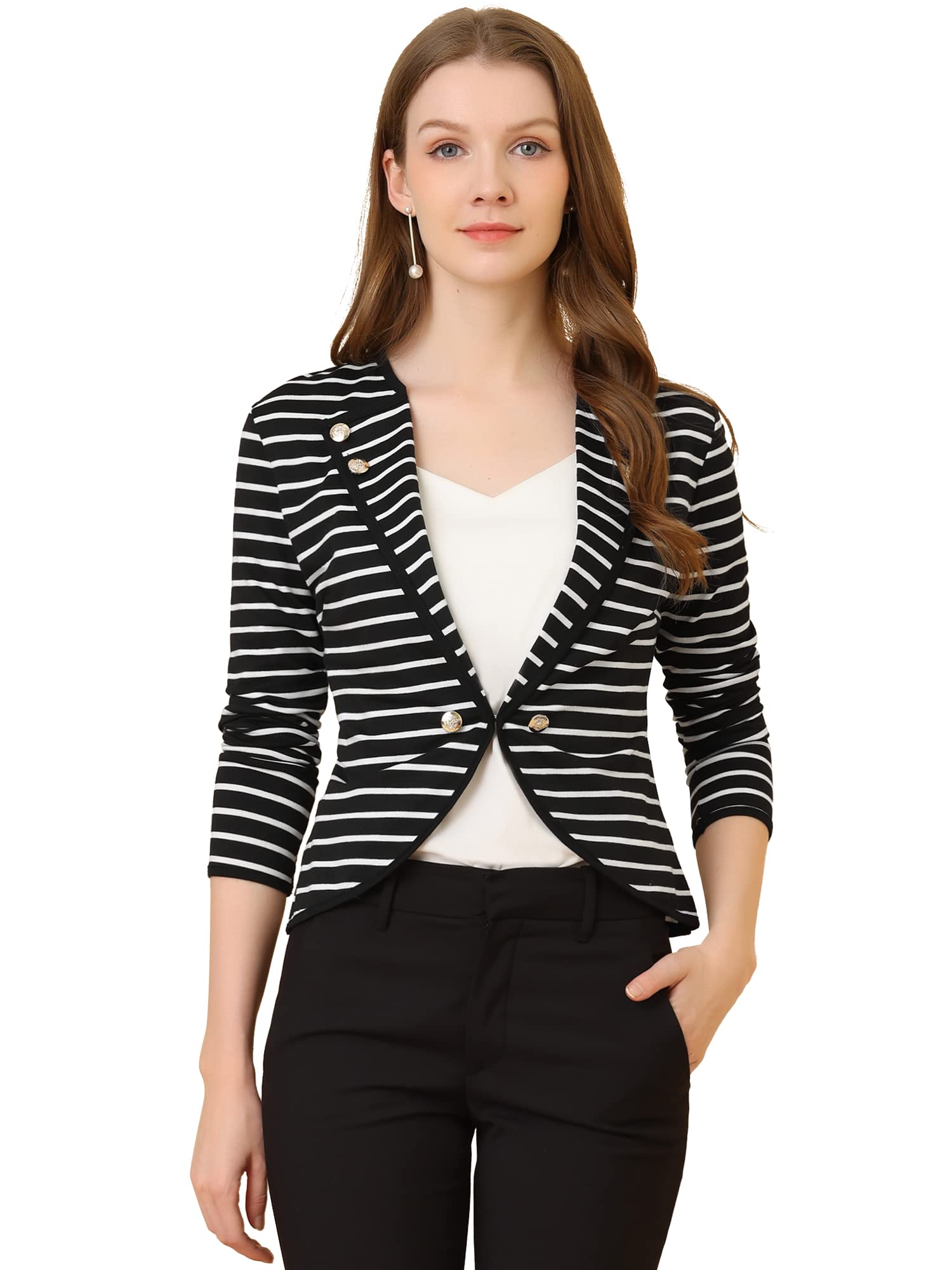 Allegra K Women's Notched Lapel Casual Work Office Striped Blazer X-Small Black