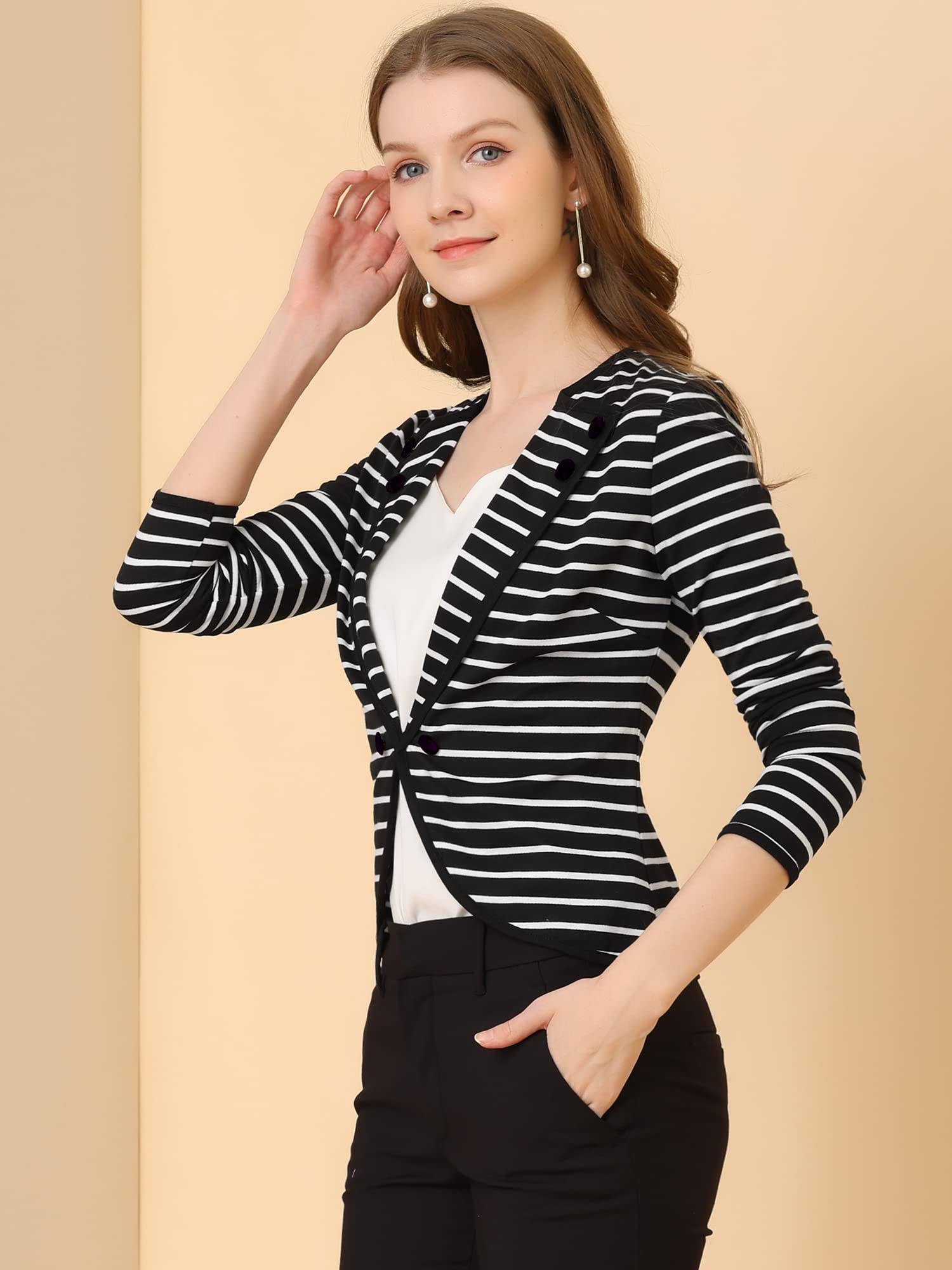 Allegra K Women's Notched Lapel Casual Work Office Striped Blazer X-Small Black