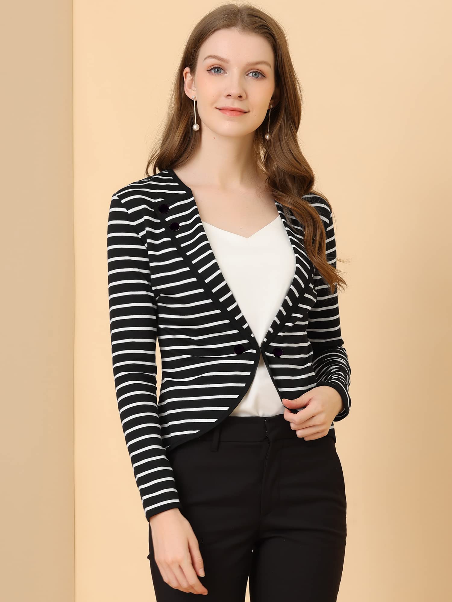 Allegra K Women's Notched Lapel Casual Work Office Striped Blazer X-Small Black