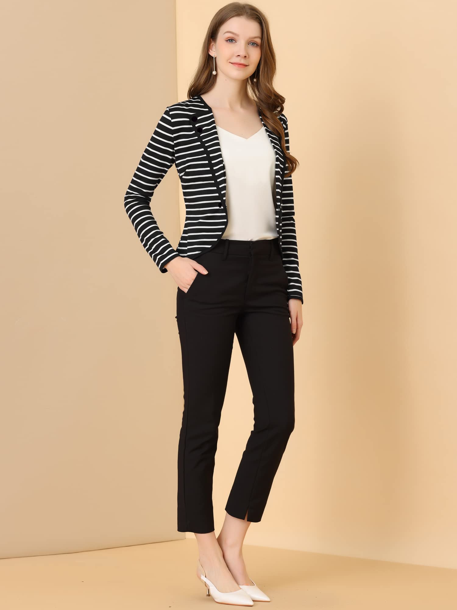 Allegra K Women's Notched Lapel Casual Work Office Striped Blazer X-Small Black