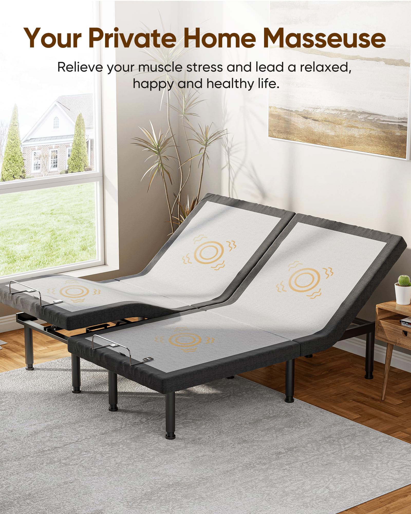 Furgle Adjustable Bed Frame, Adjustable Bed Base Split King for Stress Management, Zero Gravity Base, Head and Foot Incline with 3-Speed Massage, Anti-Snore, Memory Pre-Sets（2TXL）