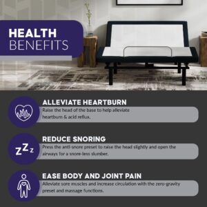 Blissful Nights e4 Queen Adjustable Bed Base Frame with Zero Gravity, Massage Motors, Anti-Snore, USB Charging, Nightlight, Wireless Remote, 10-Year Warranty, and No Tools Required Assembly