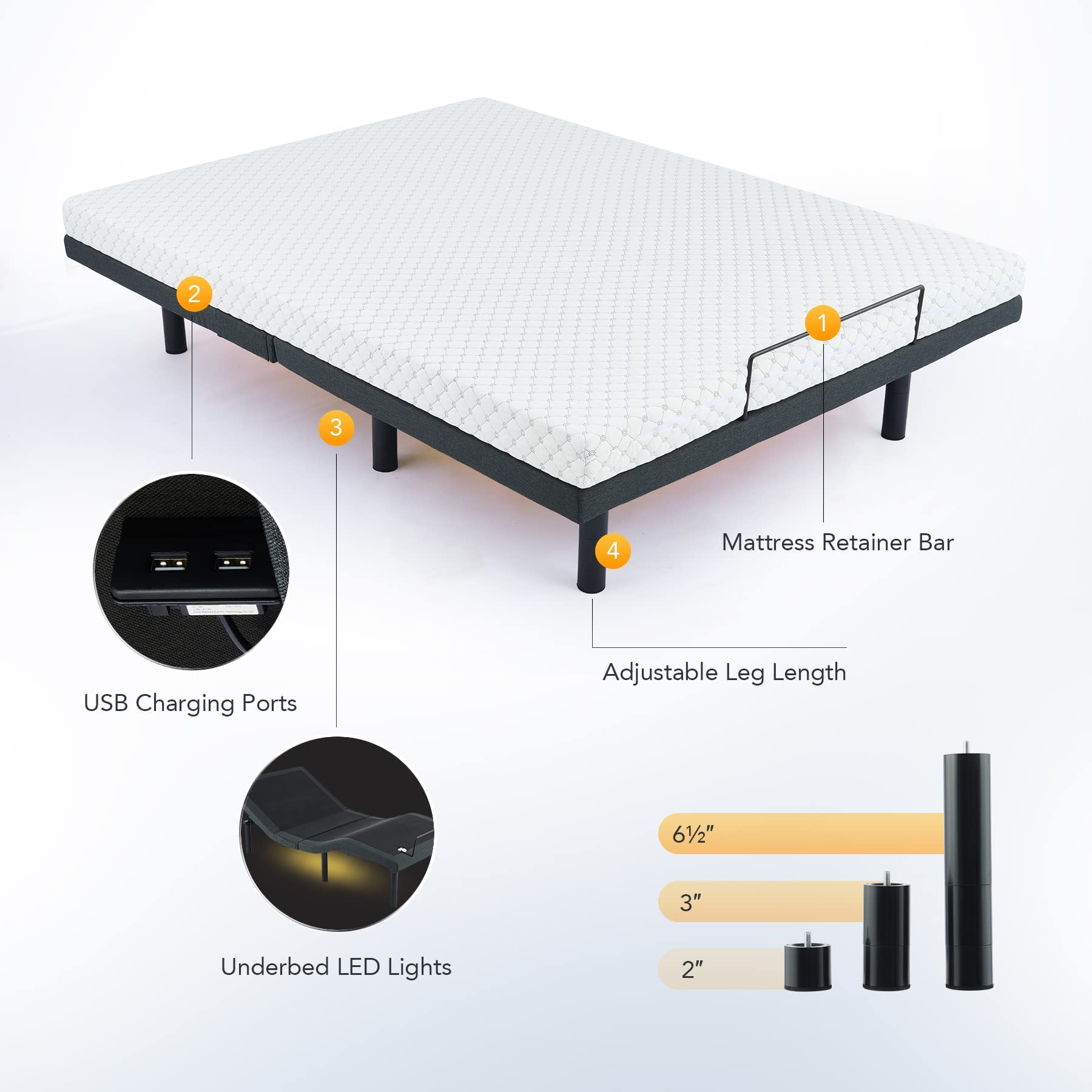 VONLUCE Motorized Bed Frame with Remote Control, Zero Clearance Adjustable Bed Base, Head Foot Incline and Massage Bed Frame with Custom Presets Underbed Lighting and USB Port, 800lb Cap, Queen Size