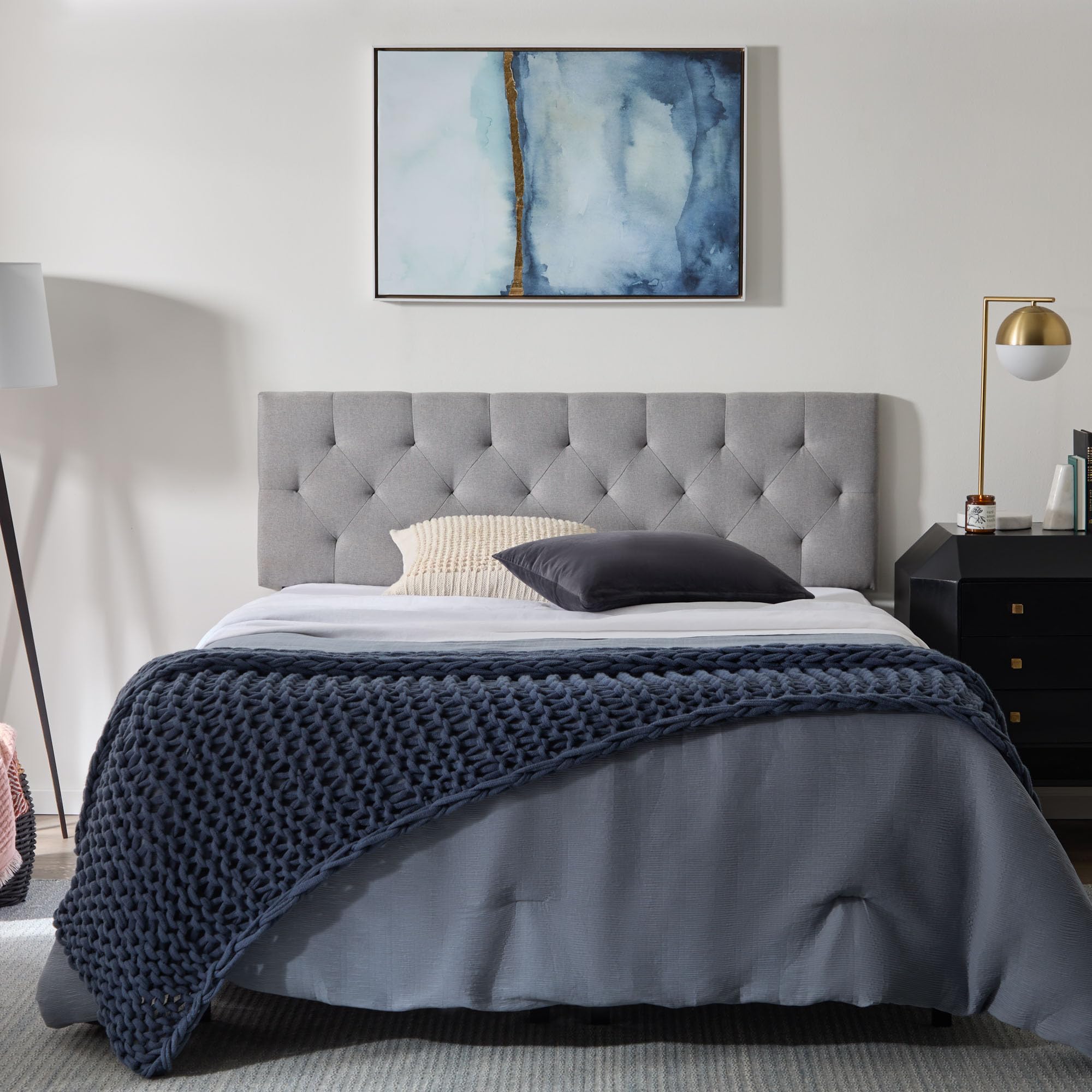 LUCID Mid-Rise Upholstered Headboard - Diamond Tufted - Padded Polyester - Adjustable Height from 34” to 46” - Easy Assembly - Bed Frame or Wall Mount - Sturdy - Stone - King / Cal King Size