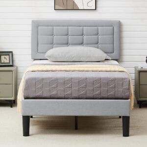 vecelo twin size bed frame with adjustable headboard, upholstered button tufted platform bedframe with wood slats support, no box spring needed, moon grey