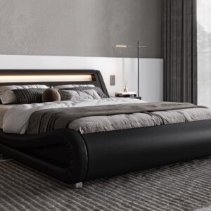 Allewie Queen Size LED Platform Bed Frame with Adjustable Headboard/No Box Spring Need/Easy Assembly/Faux Leather in Black