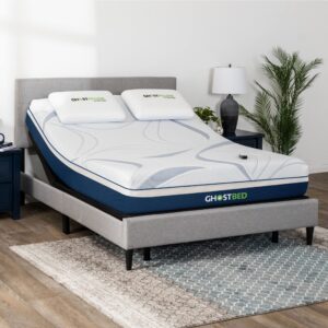 ghostbed adjustable bed frame power base with ultimate cool gel memory foam mattress bundle - electric bed base with lumbar support - zero gravity and massage settings - queen