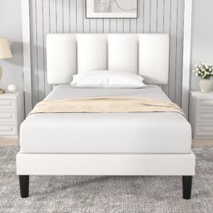 vecelo twin bed frames, upholstered platform bedframe, adjustable headboard, wood slat support, no box spring needed, easy assembly, white