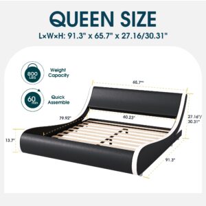 WEEWAY Modern Queen Size Upholstered Platform Bed Frame, Faux Leather Sleigh Bed with Adjustable Headboard, Strong Wood Slats Support, No Box Spring Needed, Black & White