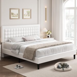 hifit full size bed frame, full modern pu leather upholstered platform bed with button tufted adjustable headboard and solid wood slats foundation, no box spring needed, no noise, easy assembly, white