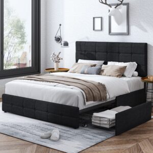 modern upholstered bed frame with 4 storage drawers, platform bed with adjustable button tufted headboard, solid wooden slat support, easy assembly, full size, black