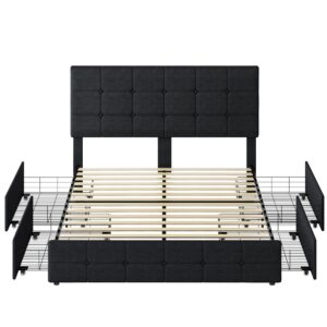 Modern Upholstered Bed Frame with 4 Storage Drawers, Platform Bed with Adjustable Button Tufted Headboard, Solid Wooden Slat Support, Easy Assembly, Full Size, Black