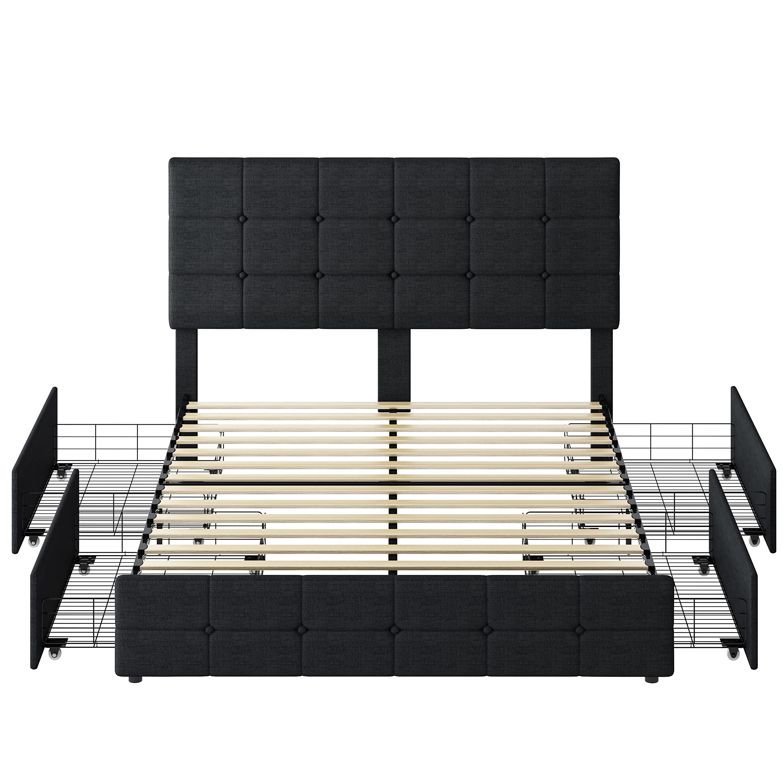 Modern Upholstered Bed Frame with 4 Storage Drawers, Platform Bed with Adjustable Button Tufted Headboard, Solid Wooden Slat Support, Easy Assembly, Full Size, Black