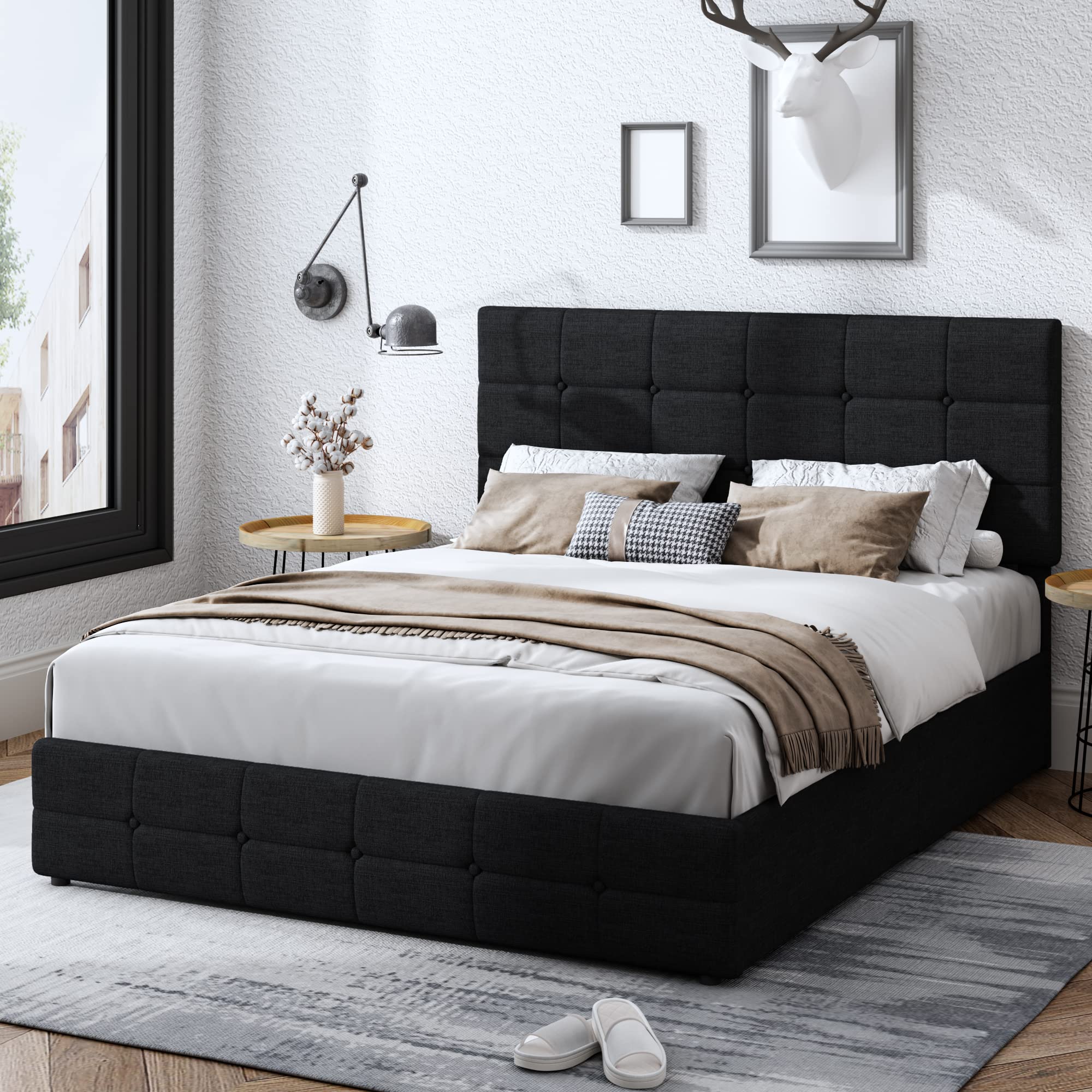 Modern Upholstered Bed Frame with 4 Storage Drawers, Platform Bed with Adjustable Button Tufted Headboard, Solid Wooden Slat Support, Easy Assembly, Full Size, Black