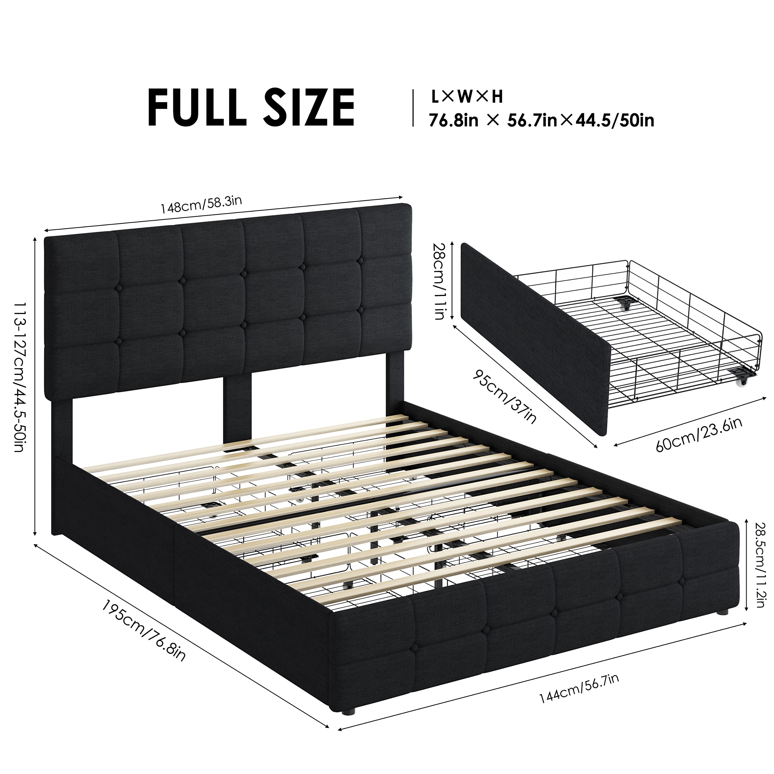 Modern Upholstered Bed Frame with 4 Storage Drawers, Platform Bed with Adjustable Button Tufted Headboard, Solid Wooden Slat Support, Easy Assembly, Full Size, Black