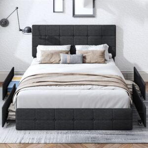 Modern Upholstered Bed Frame with 4 Storage Drawers, Platform Bed with Adjustable Button Tufted Headboard, Solid Wooden Slat Support, Easy Assembly, Full Size, Black