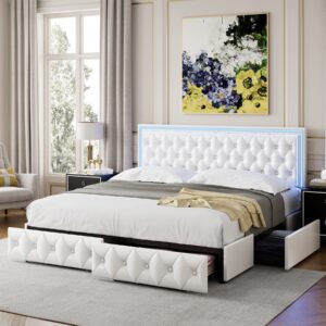 keyluv king upholstered led bed frame with 4 drawers, pu leather platform storage bed with adjustable button tufted headboard and solid wooden slats support, no box spring needed, white