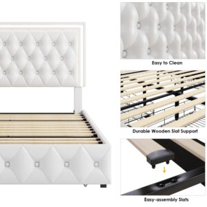 Keyluv King Upholstered LED Bed Frame with 4 Drawers, Pu Leather Platform Storage Bed with Adjustable Button Tufted Headboard and Solid Wooden Slats Support, No Box Spring Needed, White