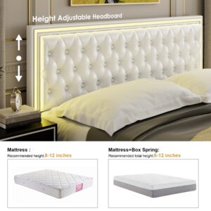 Keyluv King Upholstered LED Bed Frame with 4 Drawers, Pu Leather Platform Storage Bed with Adjustable Button Tufted Headboard and Solid Wooden Slats Support, No Box Spring Needed, White