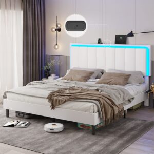 hasuit queen bed frame with headboard and led light, vegan leather platform bed queen size with charging station, upholstered headboard height adjustable, noise free, easy assembly, white