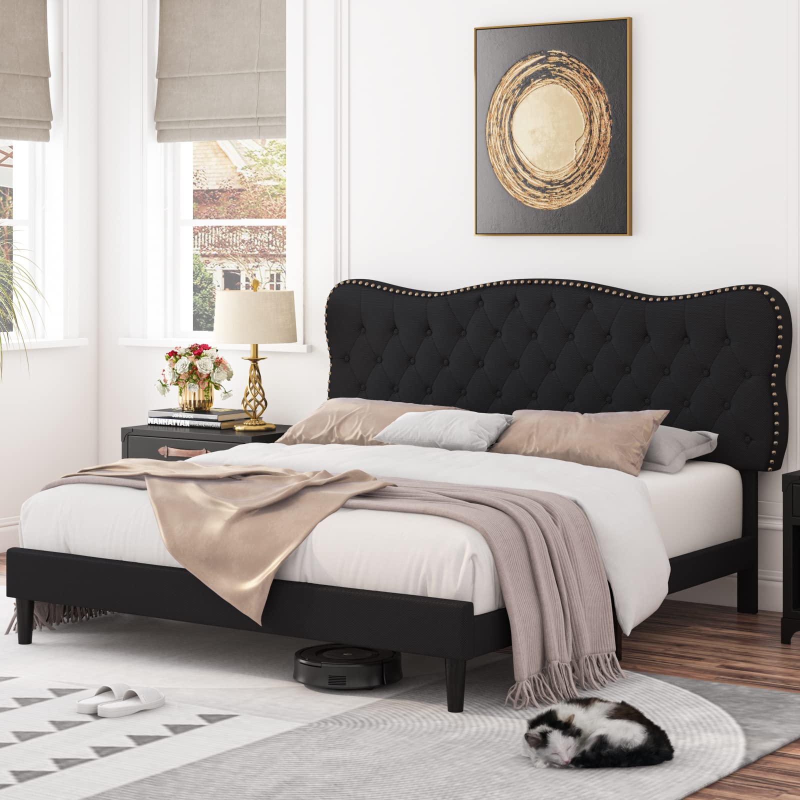 HOSTACK King Upholstered Wood Bed Frame, Black, 43.3-45.3 in