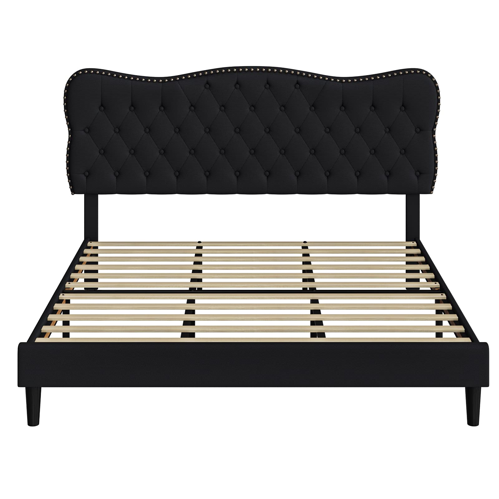 HOSTACK King Upholstered Wood Bed Frame, Black, 43.3-45.3 in