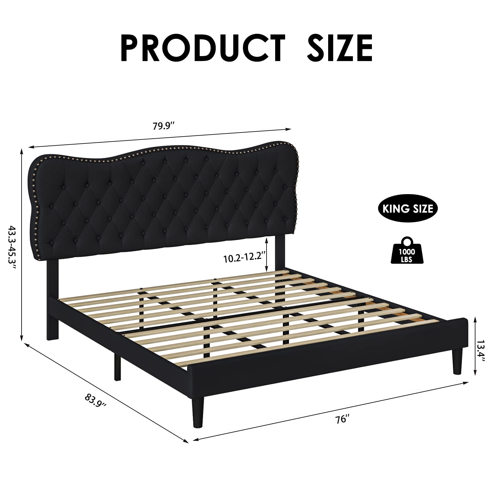 HOSTACK King Upholstered Wood Bed Frame, Black, 43.3-45.3 in