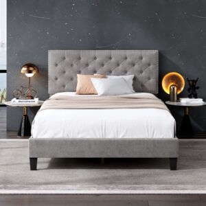 hostack queen upholstered platform bed frame, grey, wood and steel