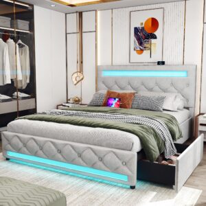 homfamilia full bed frame with headboard and drawers, led bed frame with adjustable storage & led lights headboard, upholstered platform bed with 2 usb ports, no box spring needed, light grey