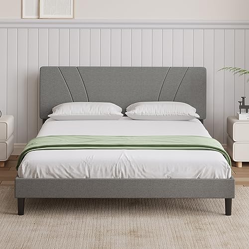 Novilla Full Size Bed Frame No Box Spring Needed with Adjustable Headboard Upholstered Platform Bed with Strong Wooden Slats, Easy Assembly, Light Grey